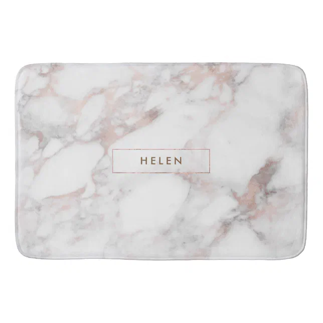 Monogrammed Modern Faux Rose-Gold Marble Bath Mat | Zazzle