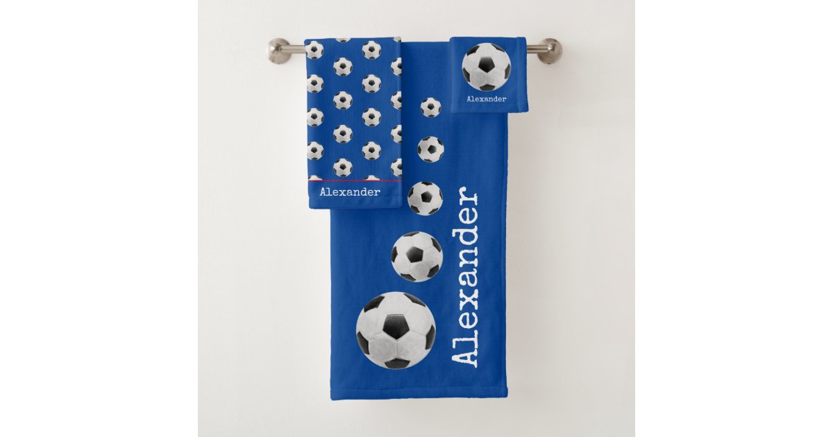 Monogrammed name Soccer football blue Bath Towel Set | Zazzle
