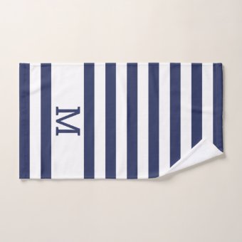 Monogrammed Navy Blue And White Striped Bath Towel Set | Zazzle