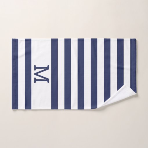 Monogrammed Navy Blue And White Striped Bath Towel Set | Zazzle