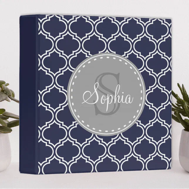 Monogrammed Navy Blue Lattice Pattern Binder | Zazzle