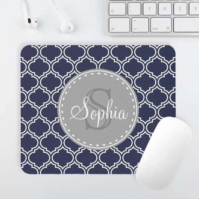 Monogrammed Navy Blue Lattice Pattern Mouse Pad | Zazzle