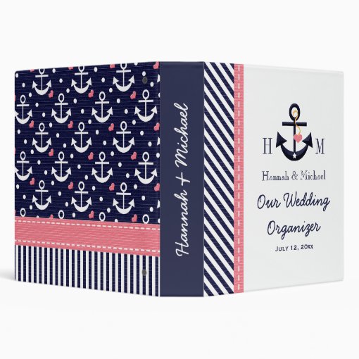 Monogrammed Navy Blue Pink Anchor Wedding Planner Binder | Zazzle