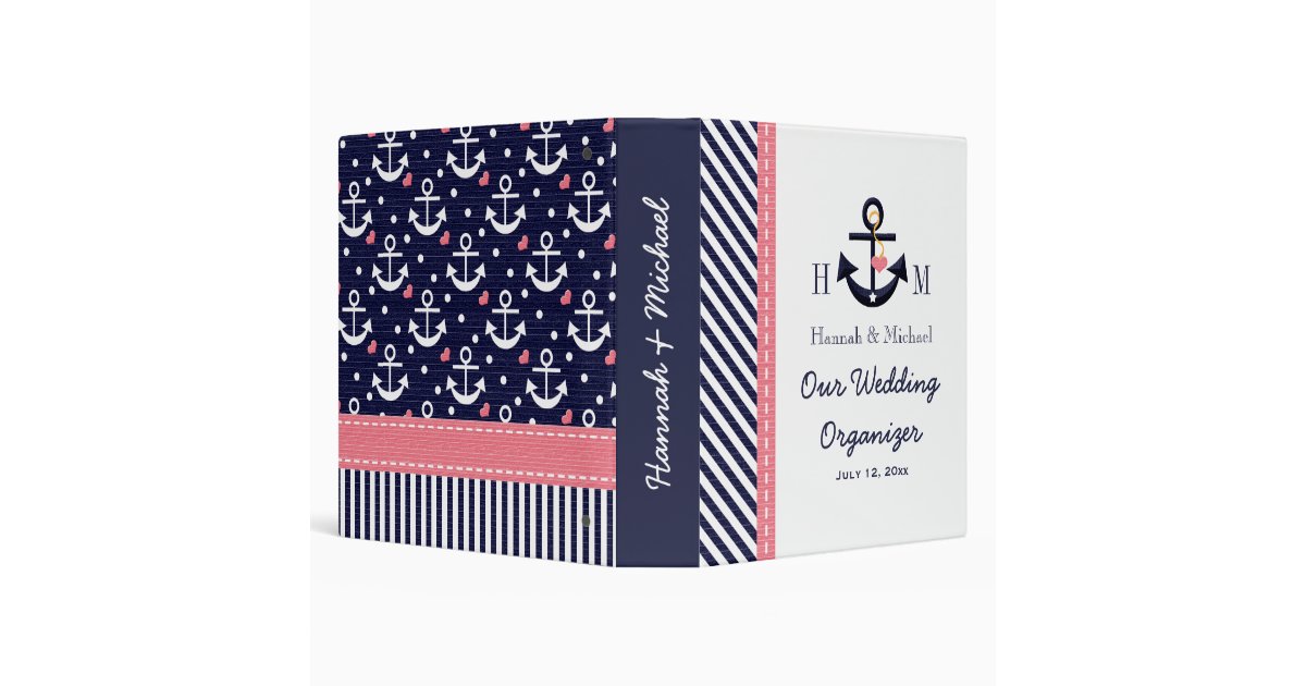 Monogrammed Navy Blue Pink Anchor Wedding Planner Binder | Zazzle