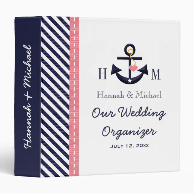 Monogrammed Navy Blue Pink Anchor Wedding Planner Binder | Zazzle