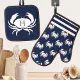 Monogrammed Navy Blue White Crab Nautical Oven Mitt & Pot Holder Set ...