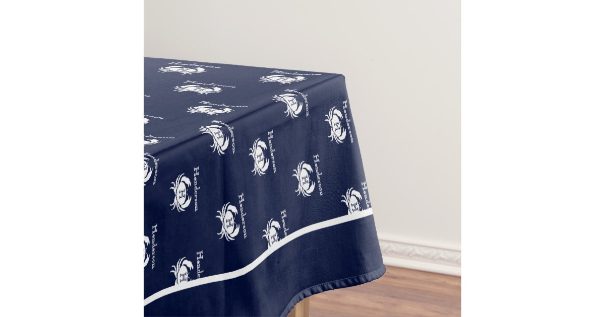 Monogrammed Navy Blue White Crab Nautical Tablecloth | Zazzle