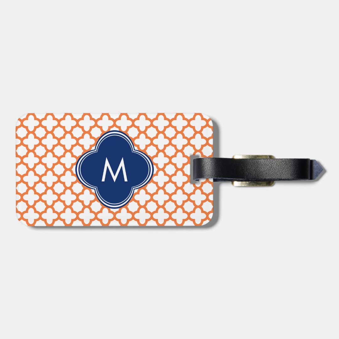 Monogrammed Orange and Royal Blue Quatrefoil Luggage Tag | Zazzle