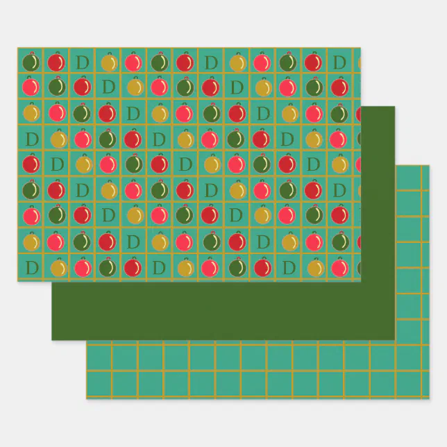 Monogrammed Ornamental Bingo Green Red Christmas Wrapping Paper Sheets ...