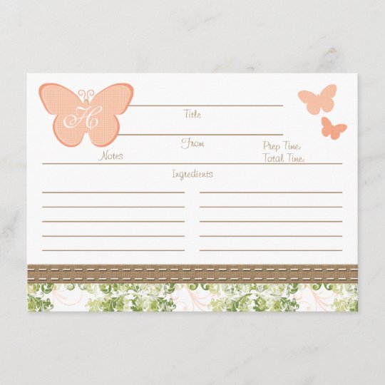 Monogrammed Peach Butterfly Recipe Card | Zazzle.com