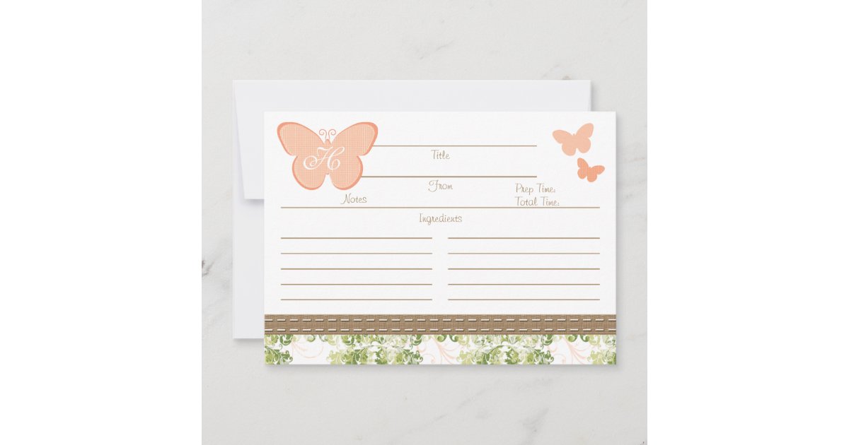 Monogrammed Peach Butterfly Recipe Card | Zazzle