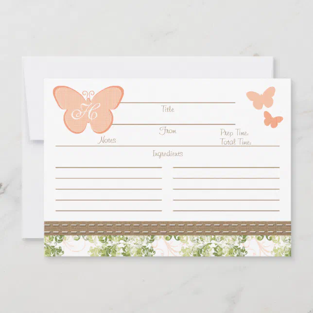 Monogrammed Peach Butterfly Recipe Card | Zazzle