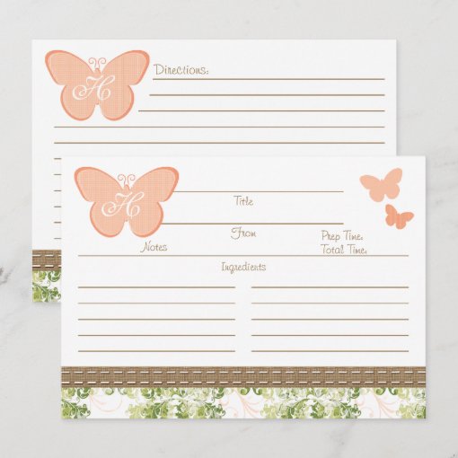 Monogrammed Peach Butterfly Recipe Card | Zazzle