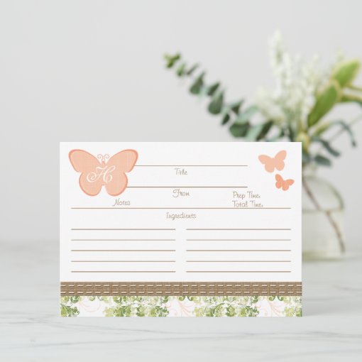 Monogrammed Peach Butterfly Recipe Card | Zazzle
