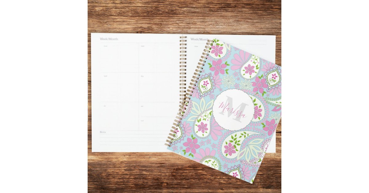 Monogrammed Pink and Blue Paisley Custom Planner | Zazzle