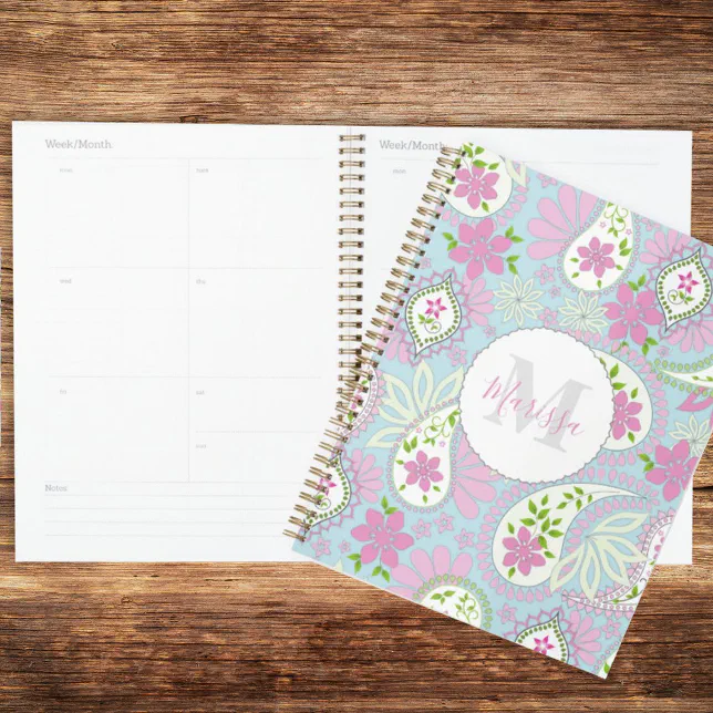 Monogrammed Pink and Blue Paisley Custom Planner | Zazzle