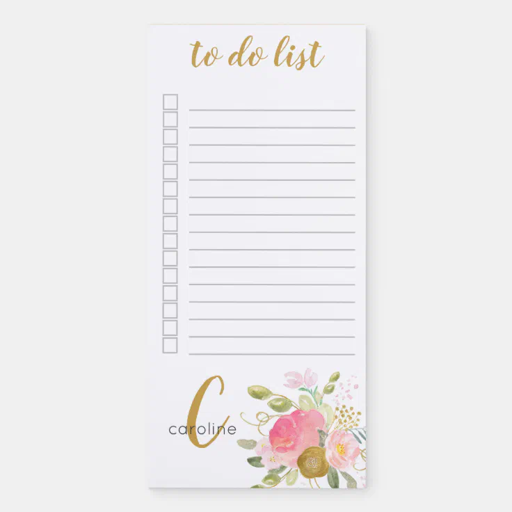 Monogrammed Pink and Gold Flowers To Do List Magnetic Notepad | Zazzle