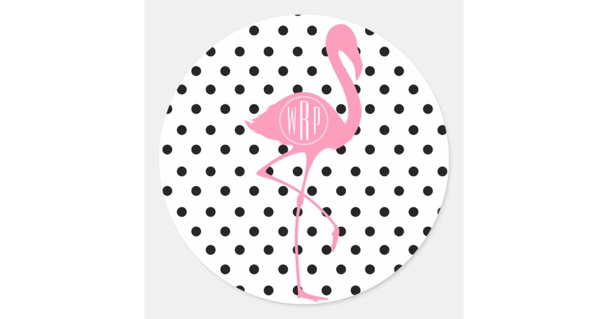 Monogrammed Pink Flamingo + Black Polka Dot Classic Round Sticker | Zazzle