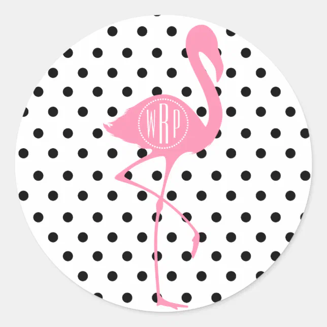 Monogrammed Pink Flamingo + Black Polka Dot Classic Round Sticker | Zazzle