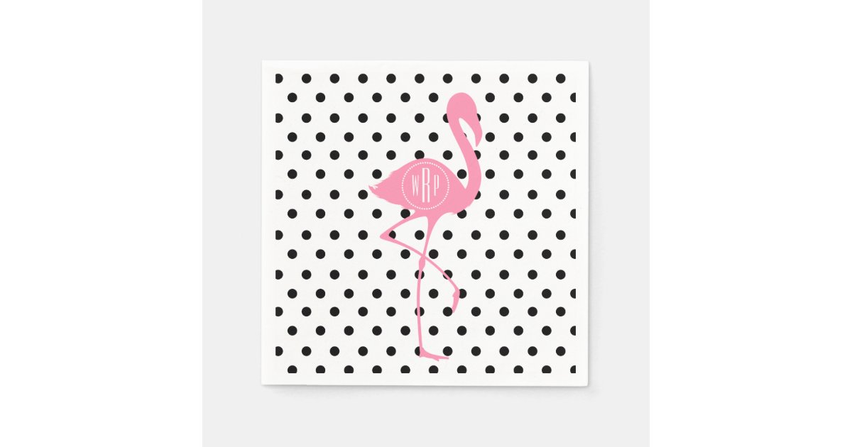 Monogrammed Pink Flamingo + Black Polka Dot Paper Napkins | Zazzle