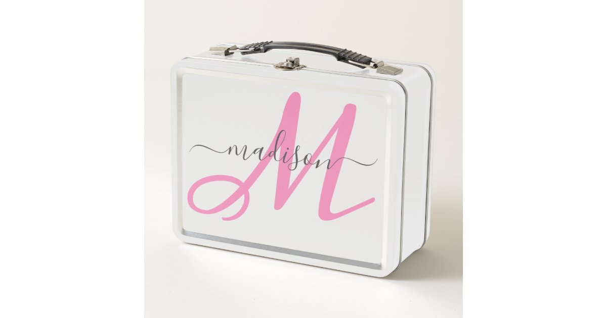 Monogrammed Pink Script Girl's Metal Lunch Box | Zazzle