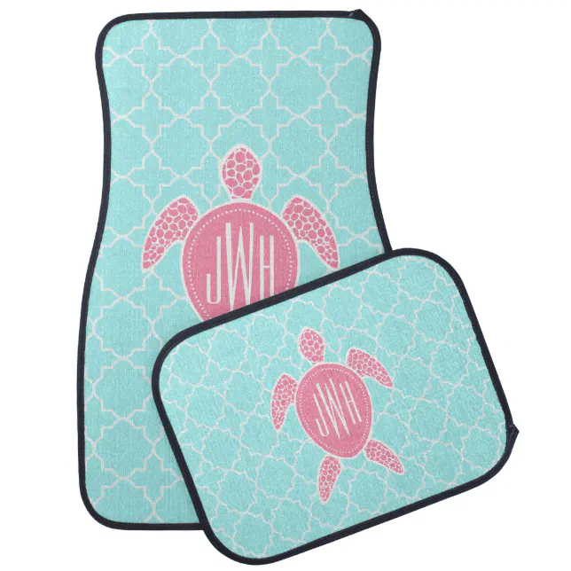 Monogrammed Pink Sea Turtle + Blue Quatrefoil Car Mat | Zazzle