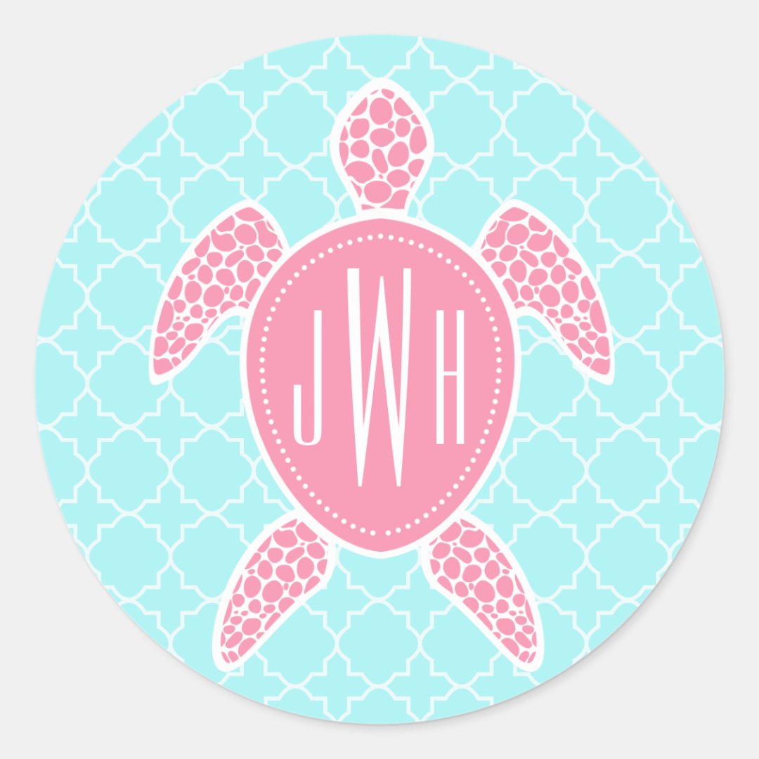 Monogrammed Pink Sea Turtle + Blue Quatrefoil Classic Round Sticker ...