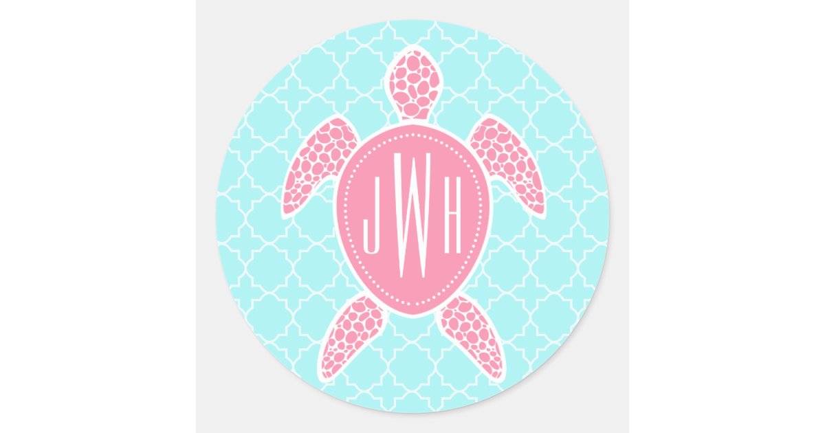 Monogrammed Pink Sea Turtle + Blue Quatrefoil Classic Round Sticker ...