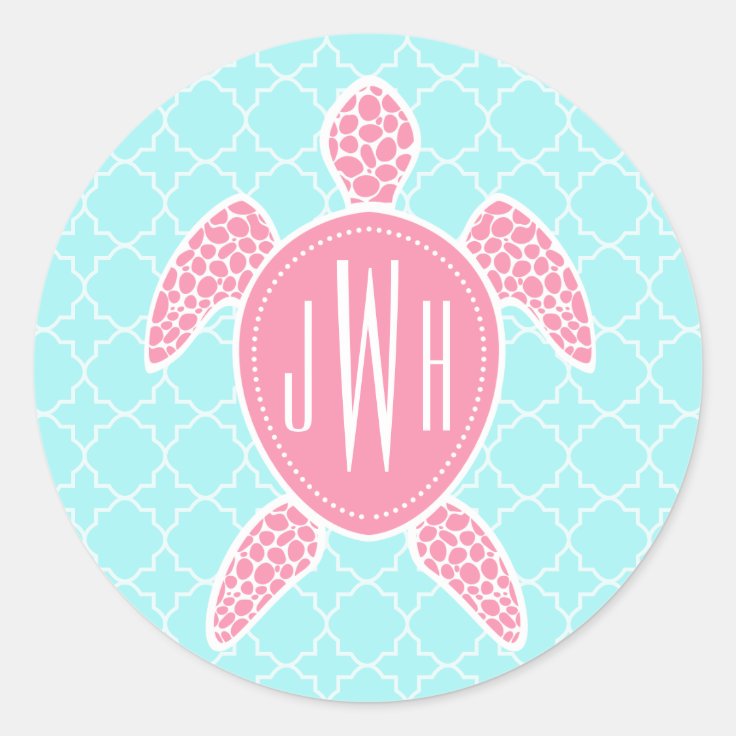 Monogrammed Pink Sea Turtle + Blue Quatrefoil Classic Round Sticker ...