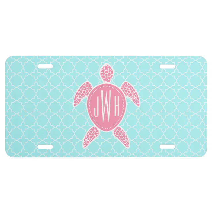 Monogrammed Pink Sea Turtle + Blue Quatrefoil License Plate | Zazzle