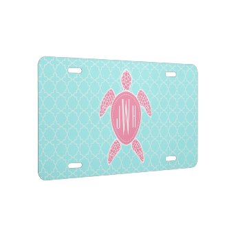 Monogrammed Pink Sea Turtle + Blue Quatrefoil License Plate | Zazzle