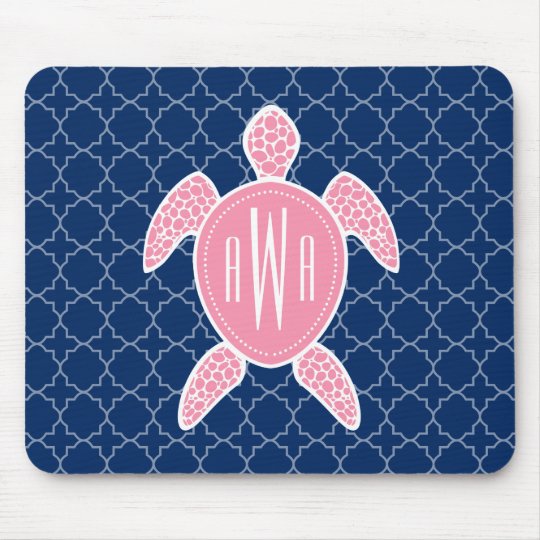 Monogrammed Pink Sea Turtle Blue Quatrefoil Mouse Pad | Zazzle.com