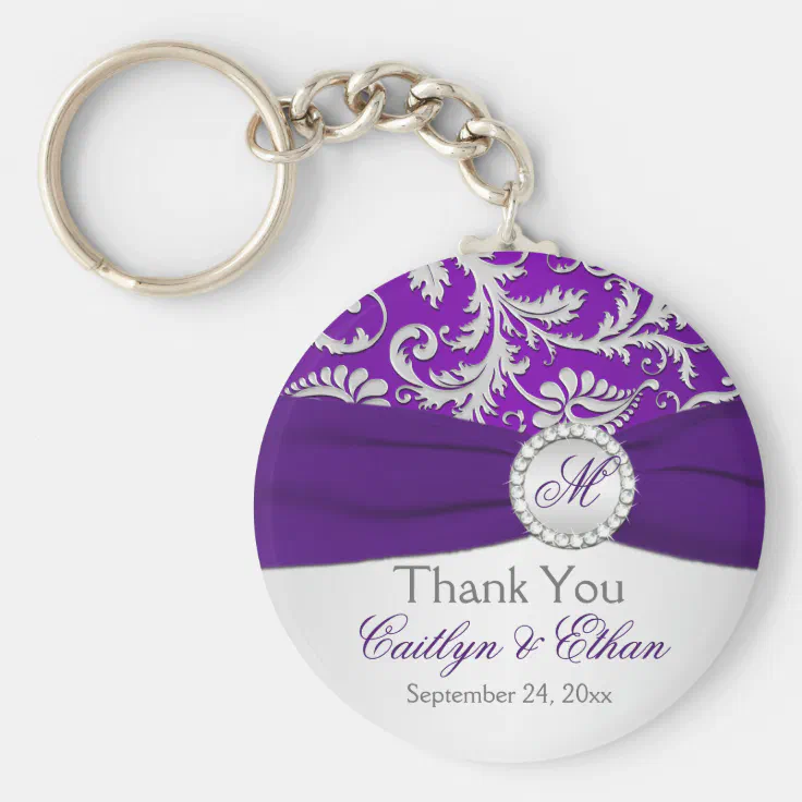 Monogrammed Purple, Silver Wedding Favor Key Chain | Zazzle