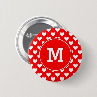 Monogrammed Red and White Heart Pattern Pinback Button | Zazzle