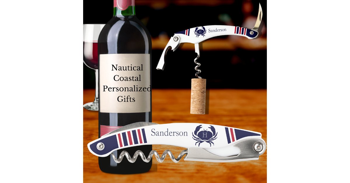 Monogrammed Red Navy Blue White Crab Nautical Waiter's Corkscrew | Zazzle