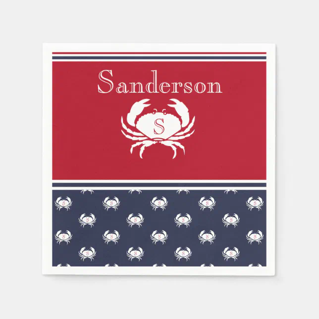 Monogrammed Red White Navy Blue Crab Nautical Nap Napkins | Zazzle