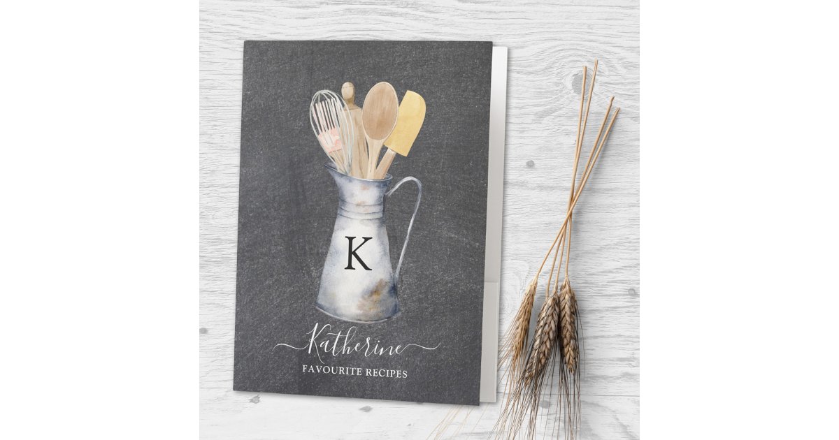 Monogrammed Rustic Kitchen Utensils Jug Recipe Pocket Folder | Zazzle