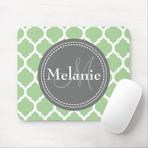 Monogrammed Sage Green & Grey Quatrefoil Mouse Pad | Zazzle