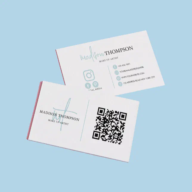 Monogrammed Script Typography Sky Blue QR Code Business Card | Zazzle