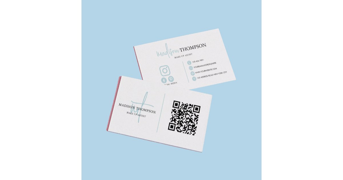 Monogrammed Script Typography Sky Blue QR Code Business Card | Zazzle