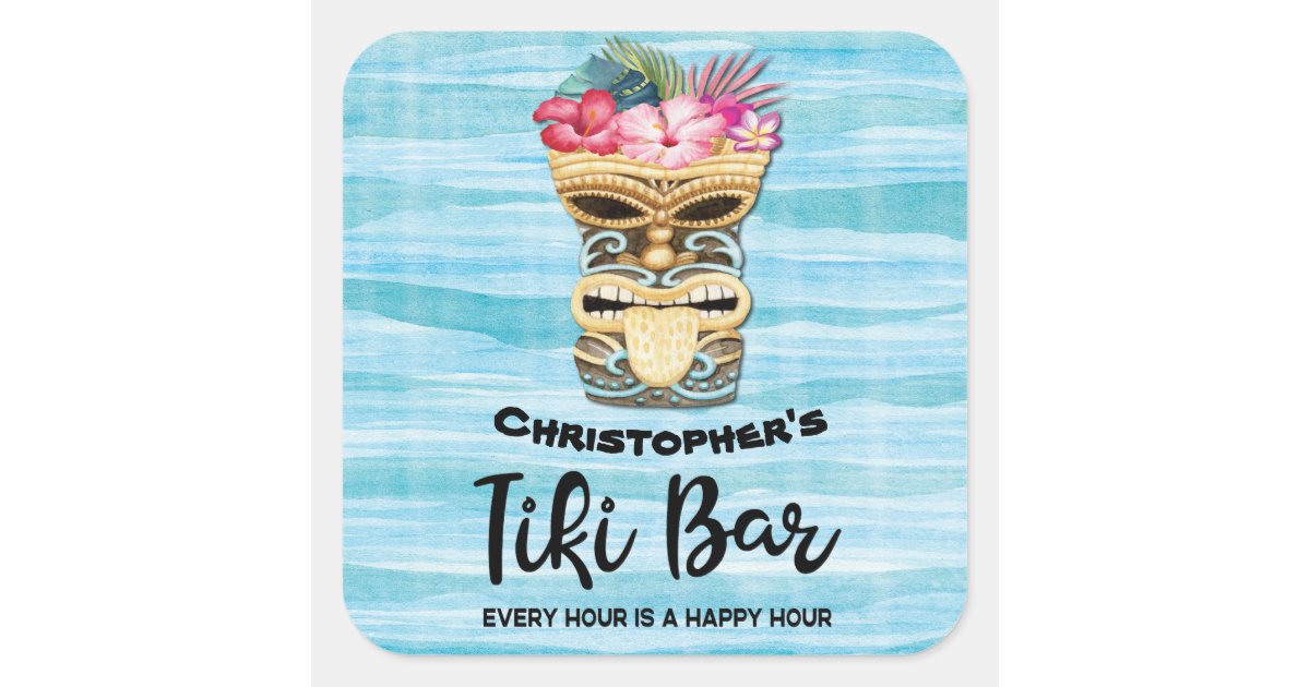 Monogrammed Tiki Bar Square Sticker | Zazzle