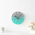 Monogrammed Turquoise and Silver Glitter Ombre Round Clock | Zazzle