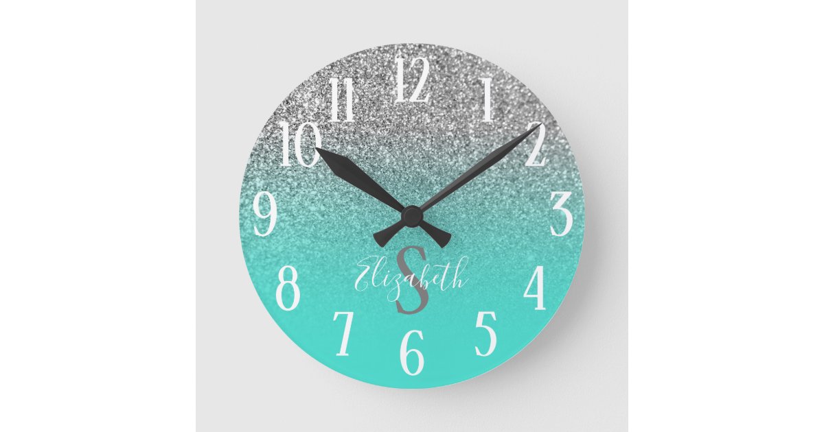 Monogrammed Turquoise and Silver Glitter Ombre Round Clock | Zazzle