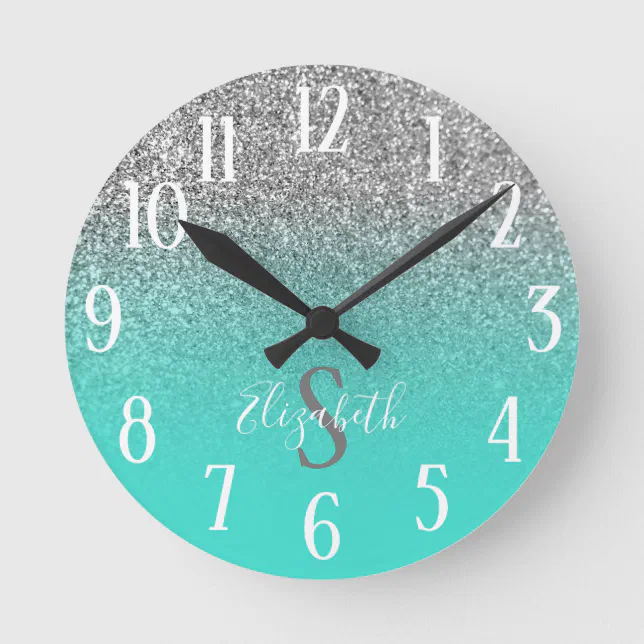 Monogrammed Turquoise and Silver Glitter Ombre Round Clock | Zazzle