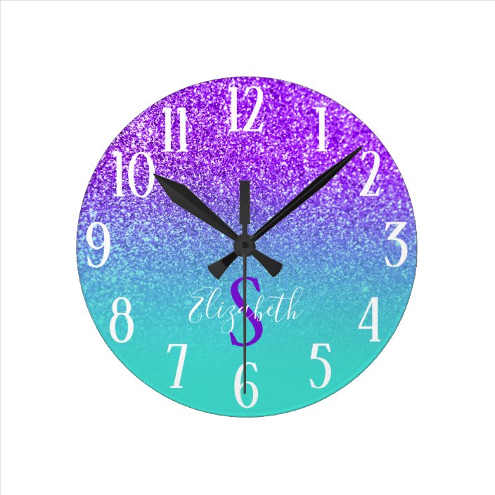 Monogrammed Turquoise and Violet Glitter Ombre Round Clock | Zazzle.com