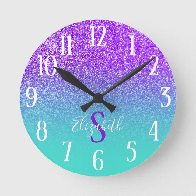 Monogrammed Turquoise and Violet Glitter Ombre Round Clock | Zazzle