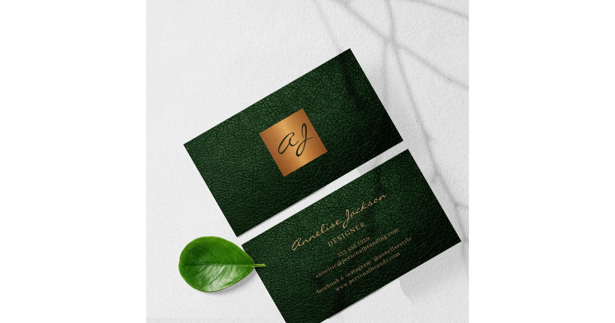 Monogrammed unique green gold business card | Zazzle