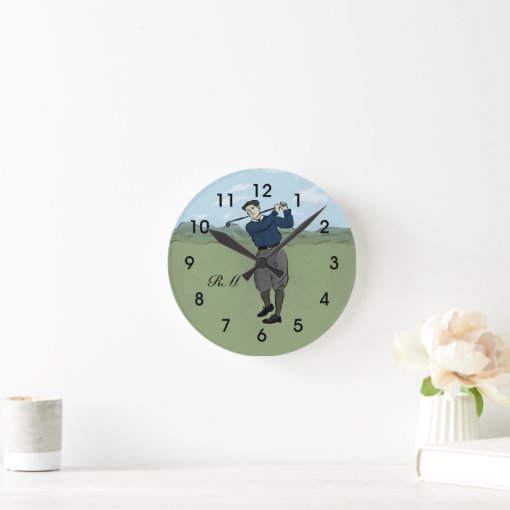 Monogrammed Vintage Style golf art Round Clock | Zazzle