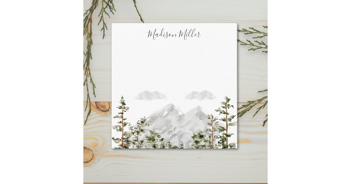 Monogrammed Watercolor Mountain and Forest Note Card | Zazzle