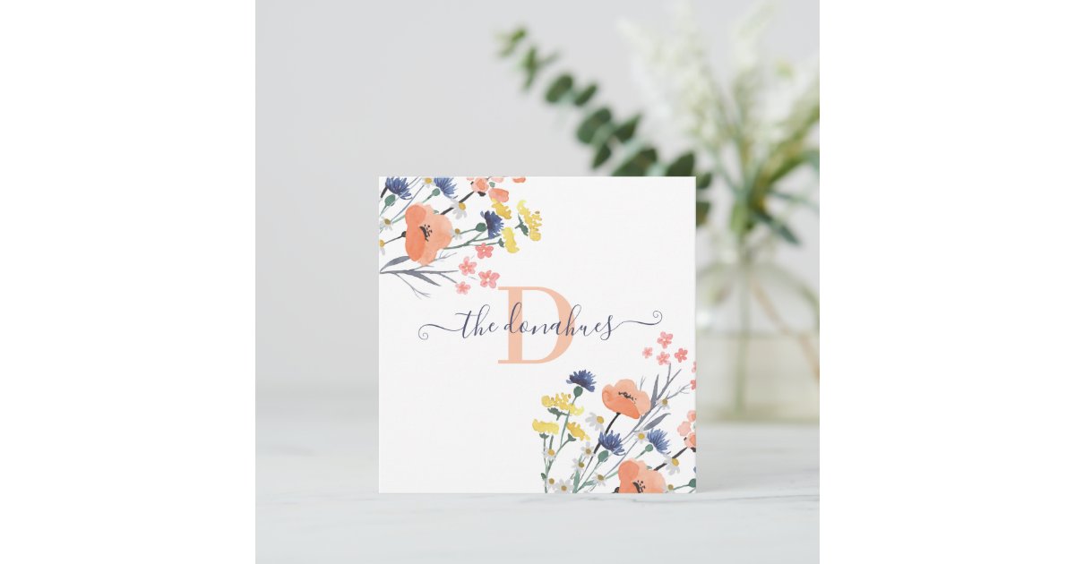 Monogrammed Watercolor Wildflower Square Card | Zazzle